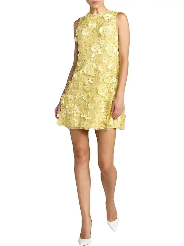 Mac Duggal Floral Beaded Mesh Trapeze Mini Dress - Yellow