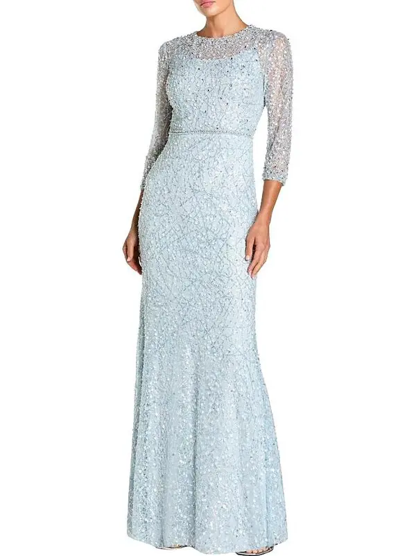 Mac Duggal Beaded Embroidery Elbow Sleeve Column Gown - Powder Blue