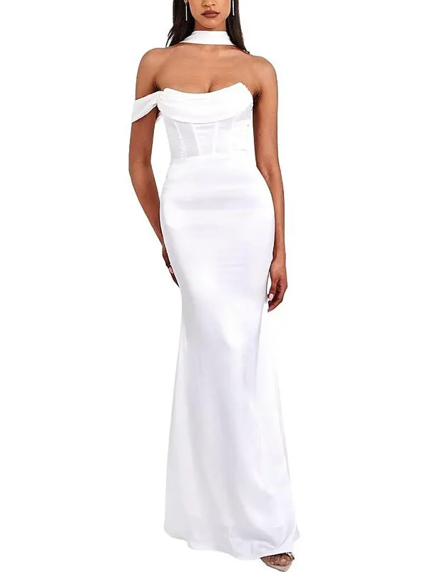 MISS CIRCLE Satin Halter Neck Corset Gown - White