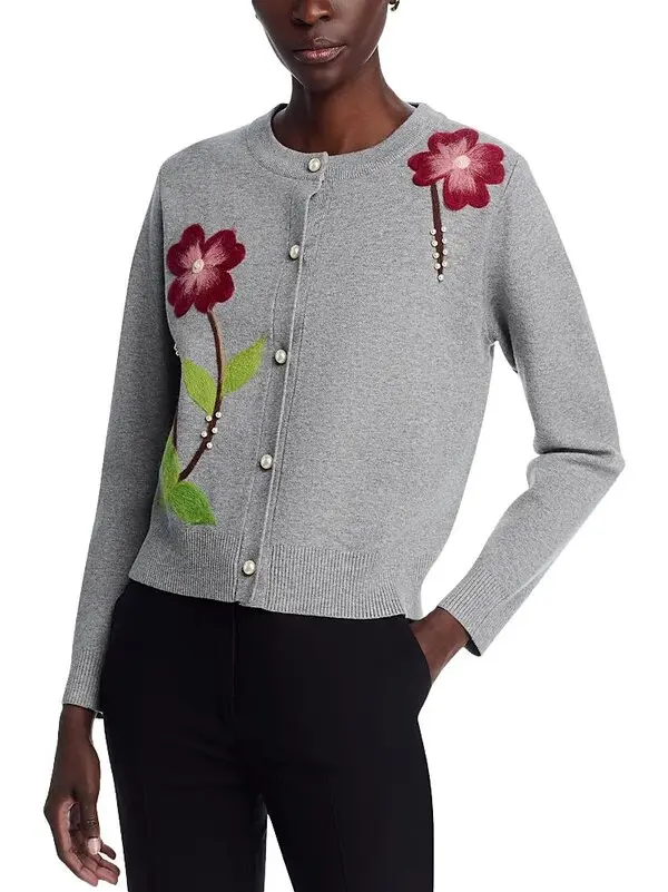 SIONI Double Knits Flower Embroidery Boyfriend Cardigan Sweater - Chrome