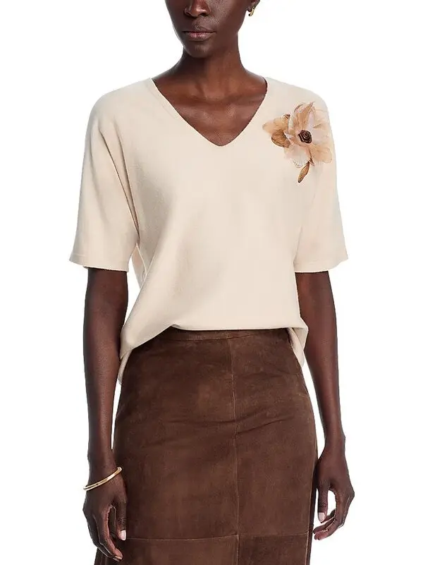SIONI Short Sleeve Sweater With Floral Detail - Winter White