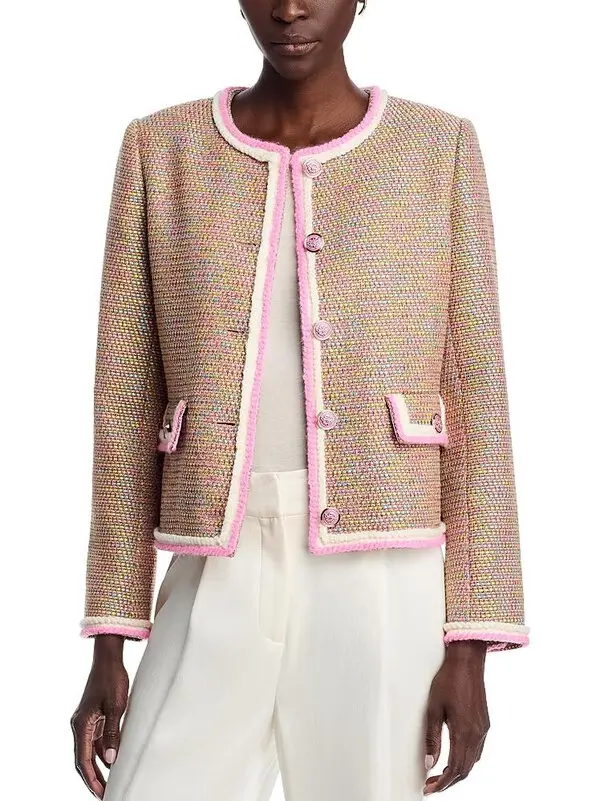 T Tahari Braided Trim Crewneck Button-down Jacket - Pink Multi