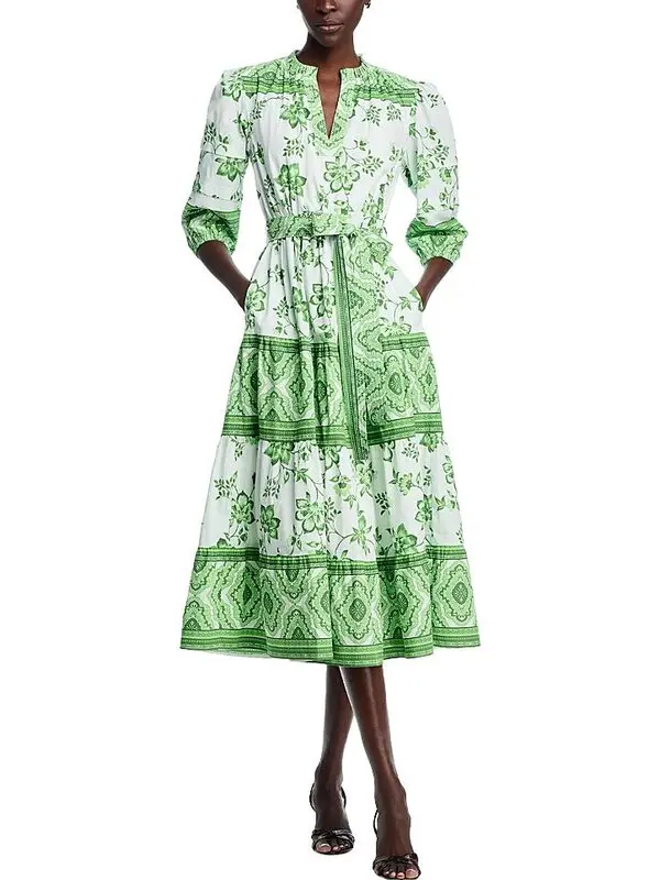 T Tahari Three Quarter Sleeve Split Neck Printed Midi Dress - Green Blossom