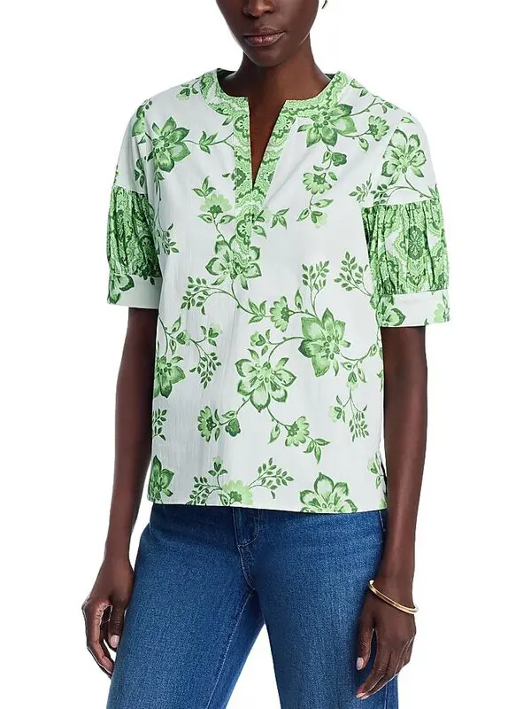 T Tahari Printed Split Neck Blouse - Green Blossom