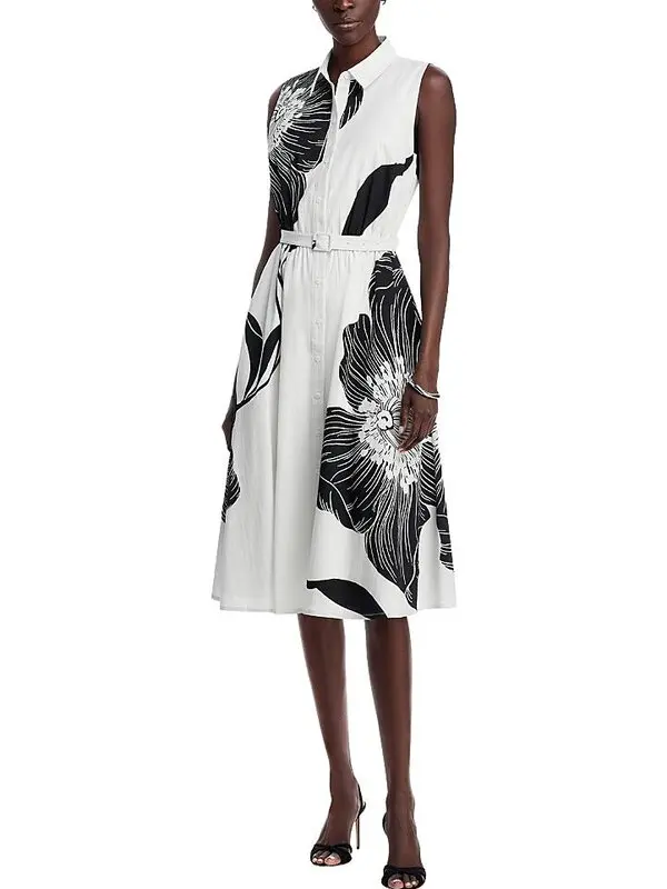 T Tahari Floral Print Split Neck Fit & Flare Dress - Spring Pop