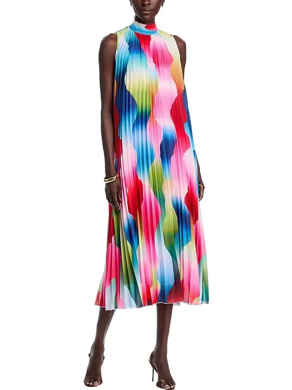 T Tahari Mock Neck Pleat Midi Dress - Daydream Haze