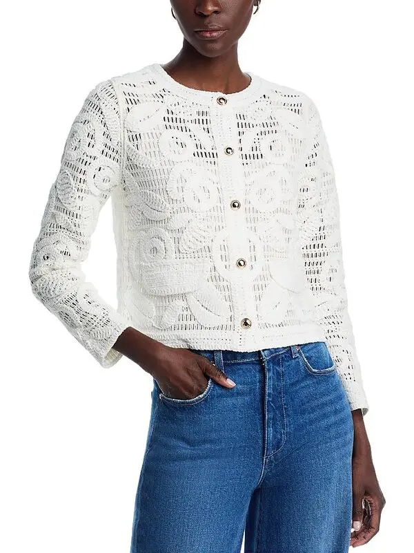 T Tahari Novelty Crochet Button-front Cardigan - White Star
