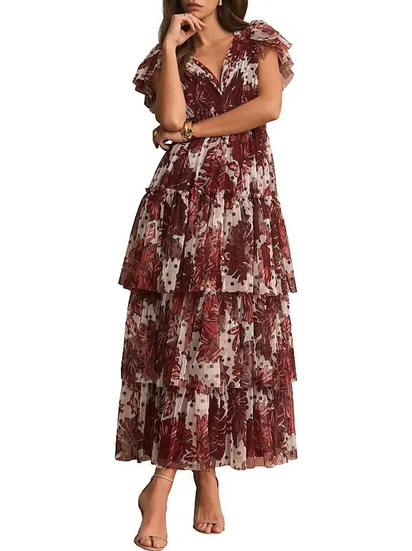 Mint Velvet Floral Print Tulle Midi Dress - Red