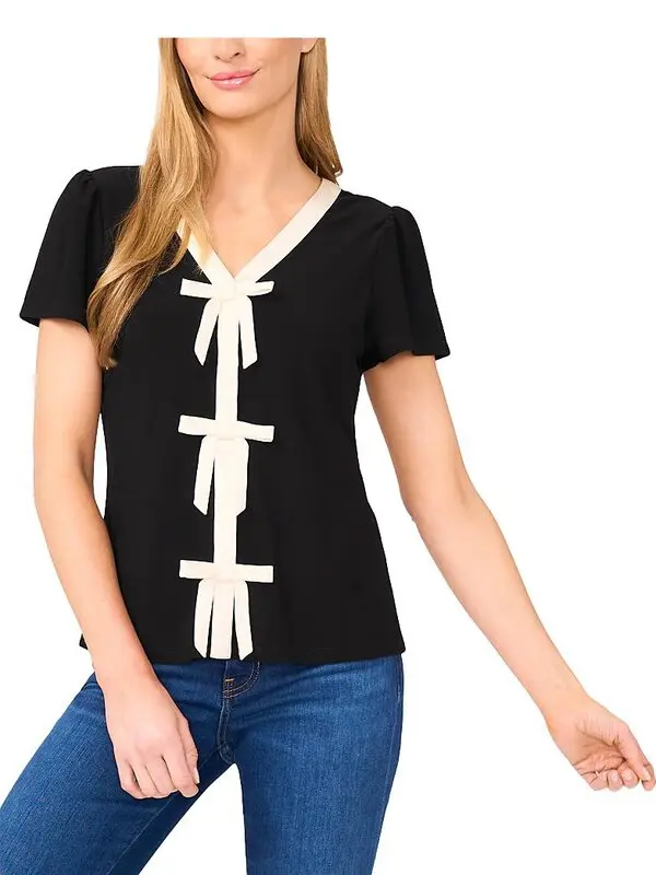 CECE DUPRAZ Short Sleeve Bow-detailed Blouse - Rich Black