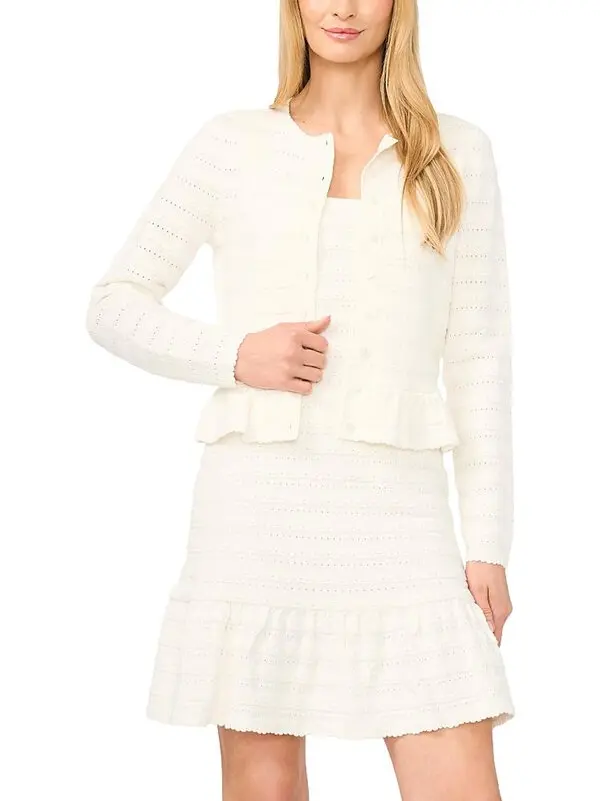 CECE DUPRAZ Pointelle Long Sleeve Crewneck Cardigan - Antique White