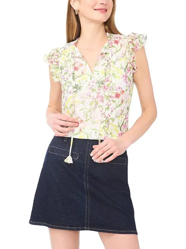 Vince Camuto Split Neck Flutter Sleeve Blouse - Raspberry Sorbet