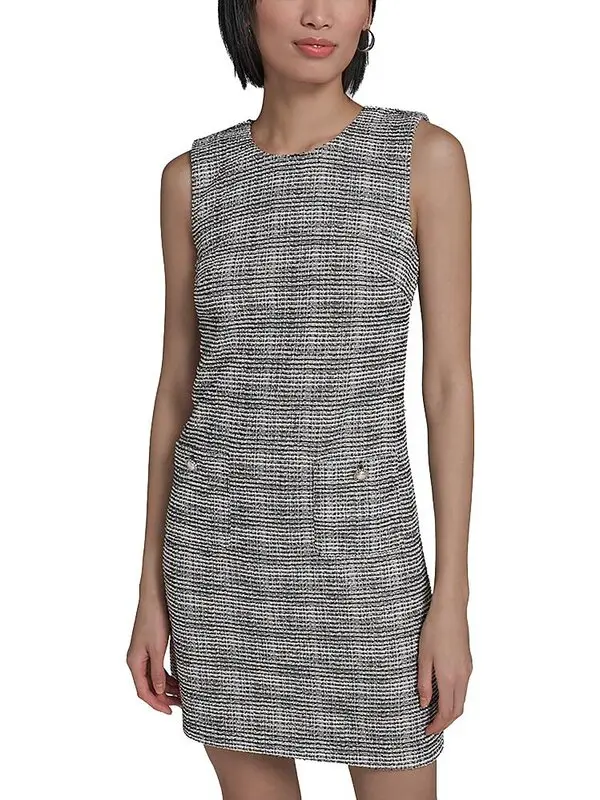 Karl Lagerfeld Paris Flower Button Sleeveless Knit Tweed Sheath Dress - Black/ Soft White