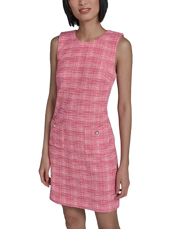 Karl Lagerfeld Paris Flower Button Sleeveless Knit Tweed Sheath Dress - Hot Pink/ Soft White