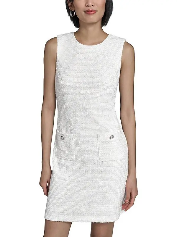 Karl Lagerfeld Paris Flower Button Sleeveless Knit Tweed Sheath Dress - Soft White