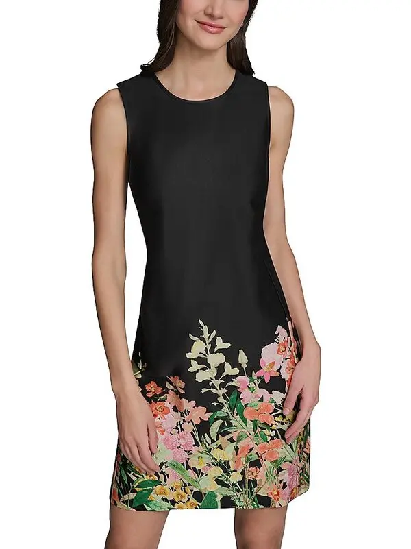 Karl Lagerfeld Paris Floral Border Print Sleeveless Shift Dress - Black Multi