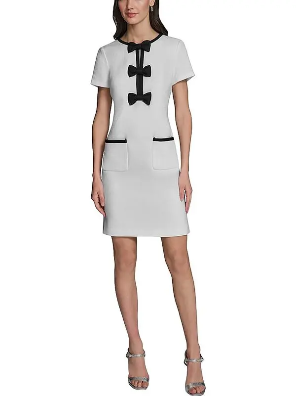 Karl Lagerfeld Paris Contrast Bow Tweed Shift Dress - Soft White Black