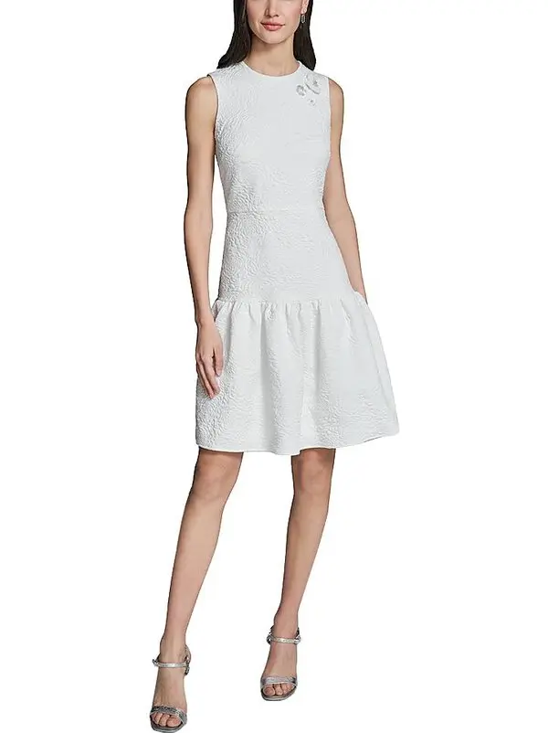 Karl Lagerfeld Paris Sleeveless Floral Jacquard A-line Dress - Soft White