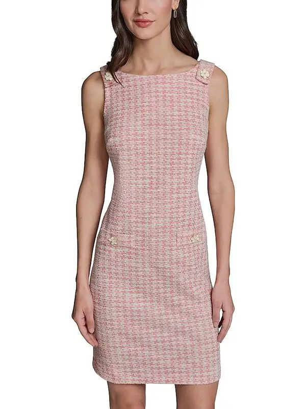 Karl Lagerfeld Paris Flower Button Sleeveless Knit Tweed Dress - Camelia/ Soft White