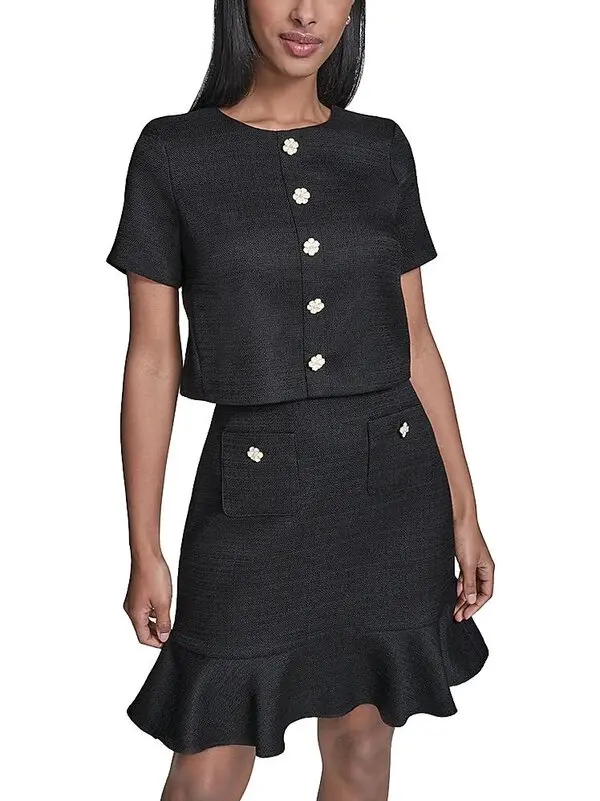 Karl Lagerfeld Paris Flower Button Tweed Dress - Black