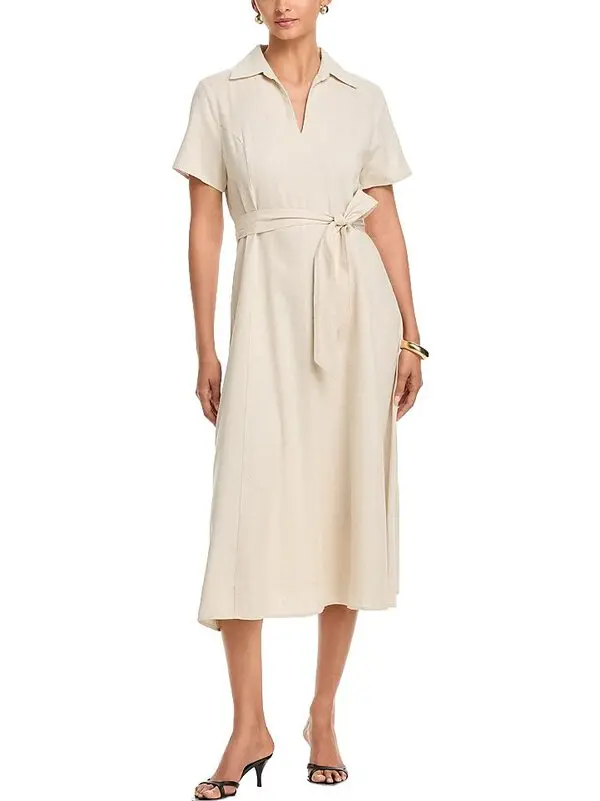 SINGLE THREAD Belted Short Sleeve Midi Dress - Natural Linen