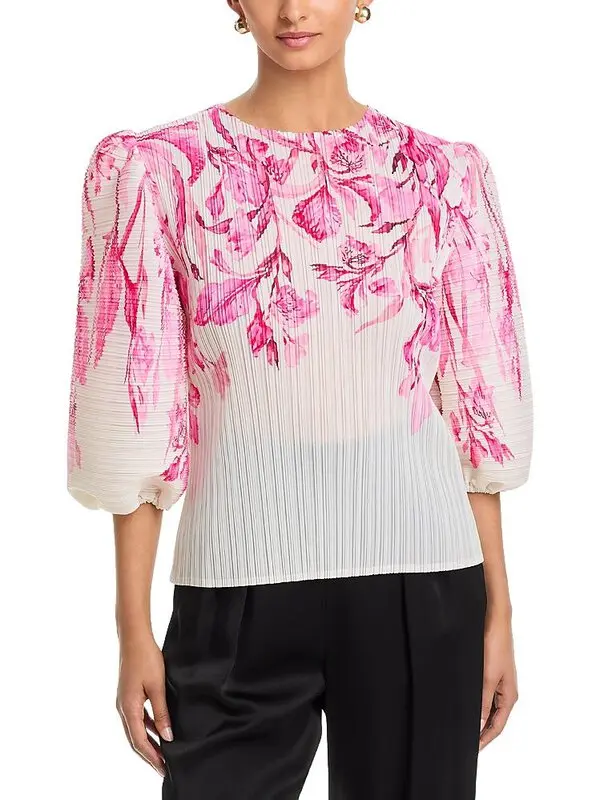 NANCY YANG Pleated Puff Sleeve Top - Ivory/ Pink