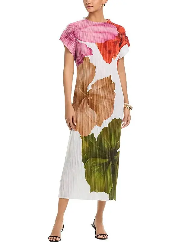 NANCY YANG Pleated Leaf-print Dress - White/ Multi