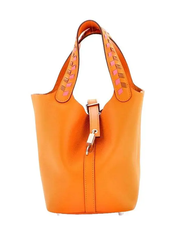 HERMES Pm Picotin Lock Bag Tressage Epsom - Orange/ Brown/ Orange/ Pink