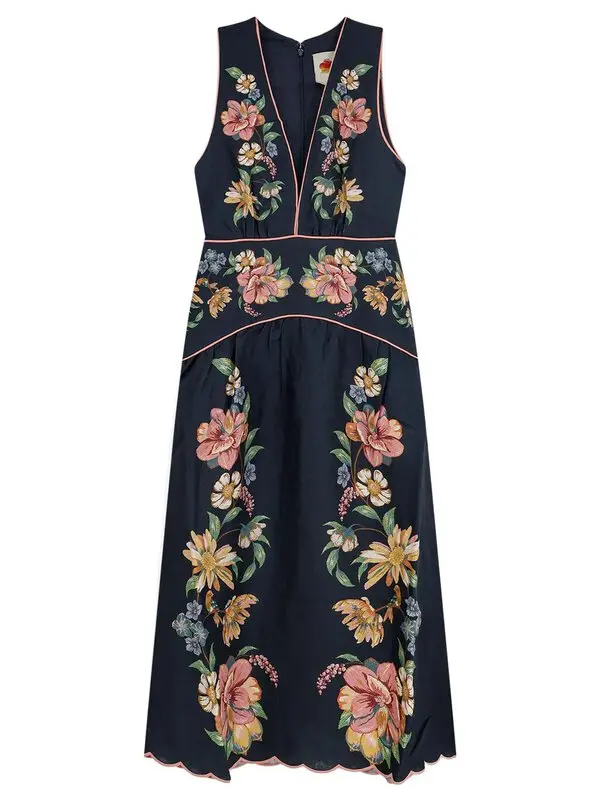 Farm Rio Maira Long Linen Floral Print Dress - Blue