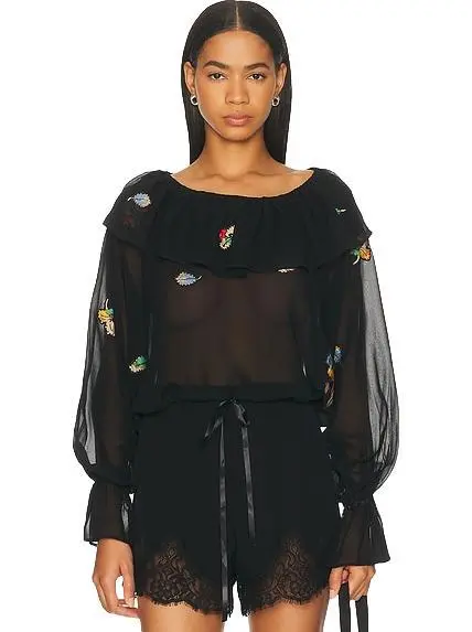 BODE Embroidered Floral Chiffon Blouse - Black