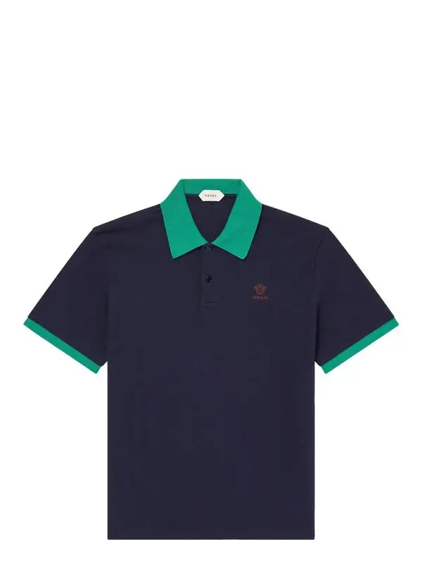 Versace Logo-embroidered Cotton-piqué Polo Shirt - Blue