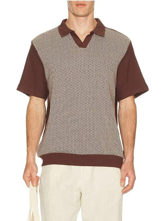 Brixton Theo Jacquard Short Sleeve Polo In Brown - Chocolate & Off White