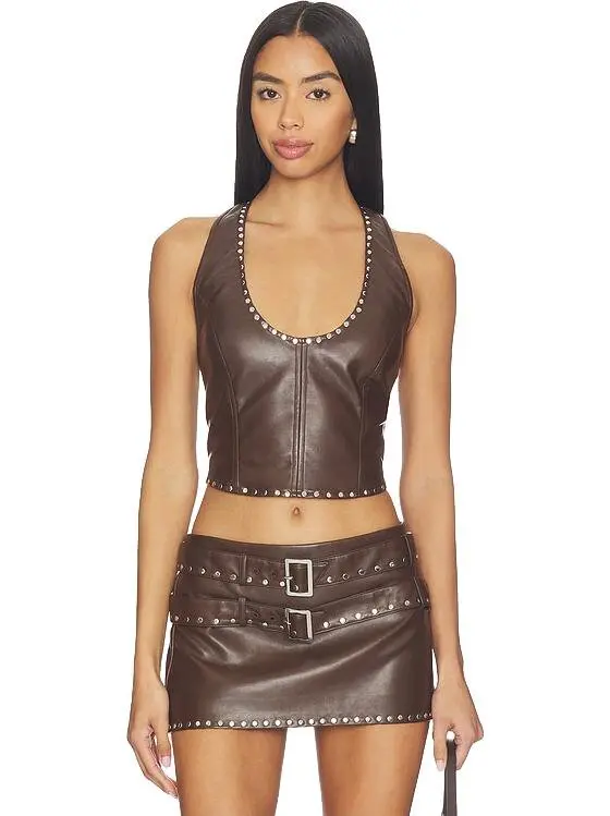 LAMARQUE Liddy Faux Leather Studded Halter Top - Dark Brown