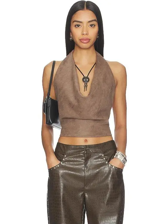 LAMARQUE Ruth Faux Suede Halter Top - Dark Brown