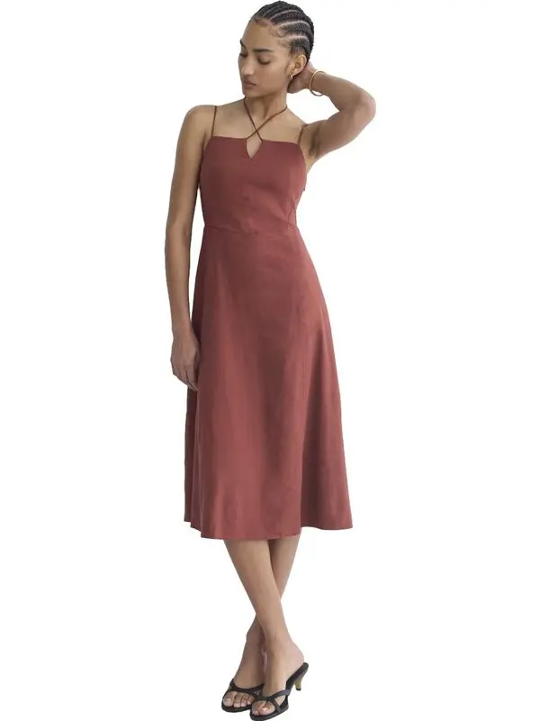 Everlane Tie-neck Stretch Linen Midi Dress - Henna Red
