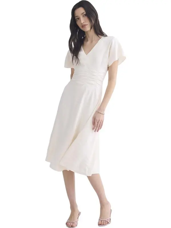 Everlane Stretch Linen Cinched Midi Dress - Bone