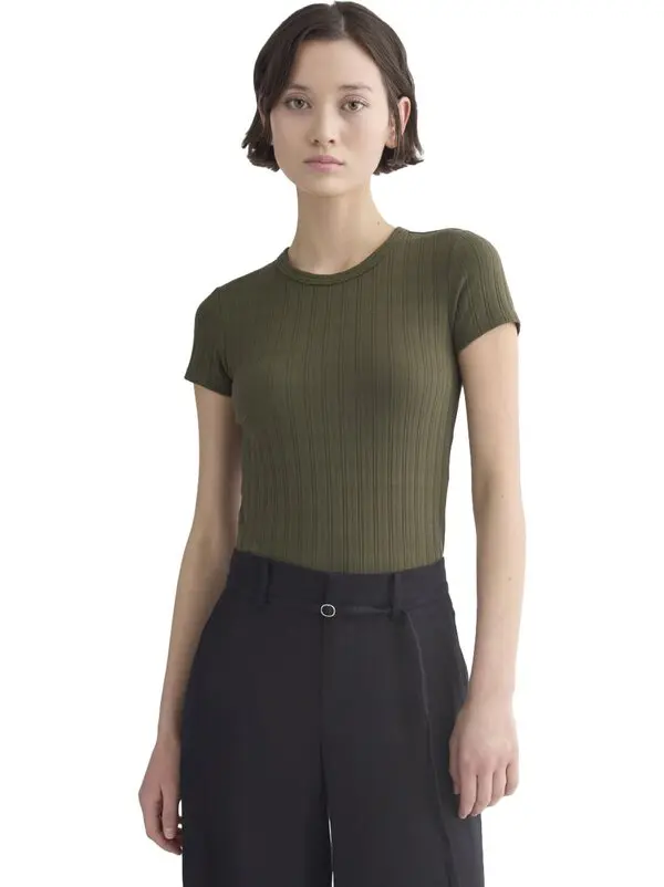 Everlane Cropped Crew Neck T-shirt In Pointelle - Olive Night