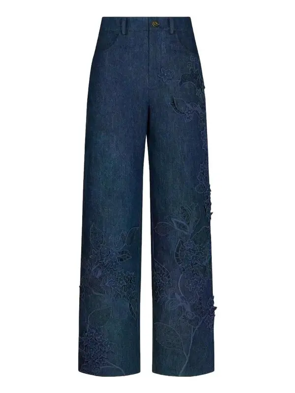 Oscar De La Renta Flower-detail Denim Jeans - Blue