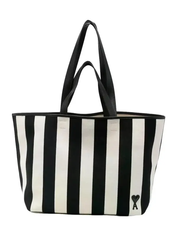 AMI Paris Striped Cotton Canvas Shopping Bag - Black