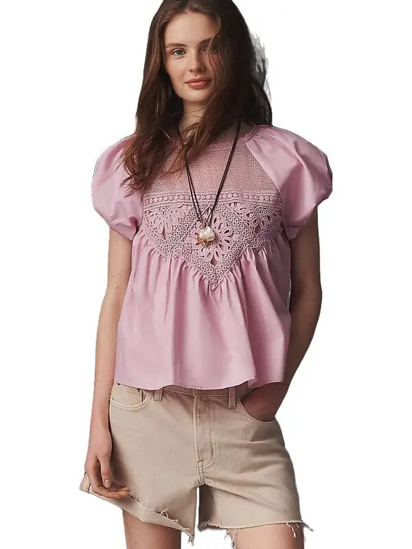 EN ELLY Puff-sleeve Crochet Blouse - Lilac