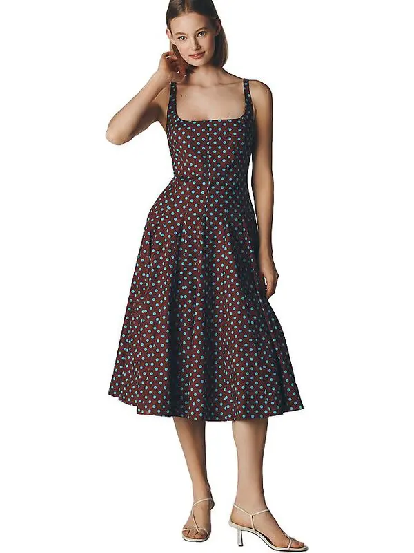 Maeve Sleeveless Square-neck Corset Midi Dress - Brown Dot