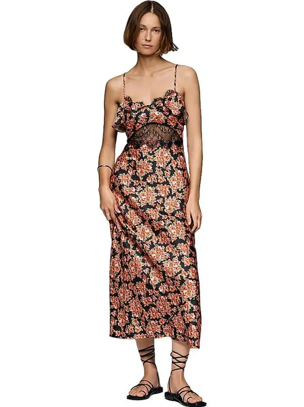 Anthropologie Sheer Lace Satin Slip Dress - Red Floral