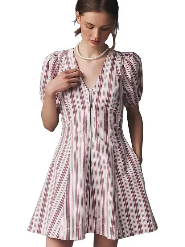 PILCRO Calder Puff-sleeve Poplin Mini Dress - Pink Stripe