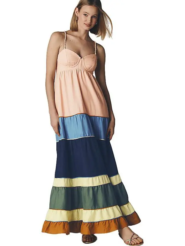 Farm Rio Linen Blend Pleated Midi Dress - Multi Stripe