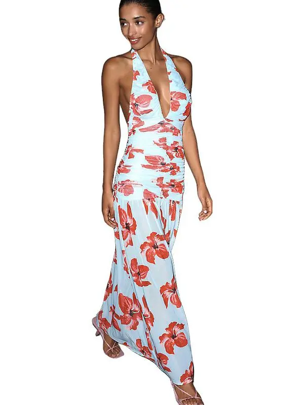 Suboo Floral Halter Maxi Dress - Blue Pink Floral