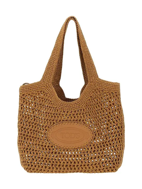TOD'S Medium Raffia Crochet Tote Bag - Beige