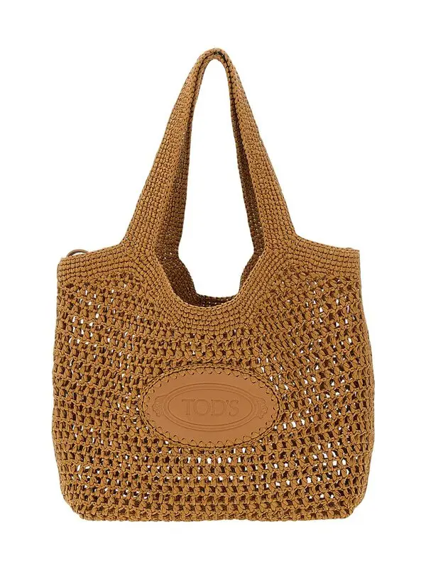 TOD'S Medium Raffia Crochet Tote Bag - Brown