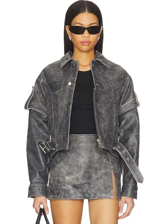 MANOKHI Vintage Leather Oversized Jacket - Grey
