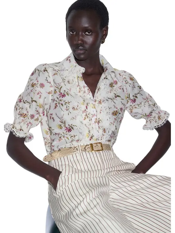 ME+EM Silk Cotton Floral Print Blouse - Light Cream/multi