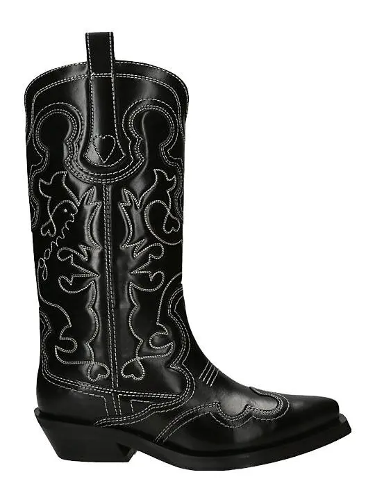 GANNI Mid Shaft Leather Cowboy Boots - Black