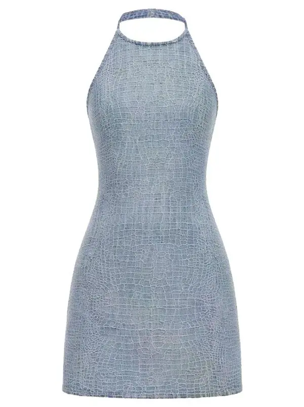 SELF-PORTRAIT Rhinestone Croc-effect Denim Mini Dress - Blue